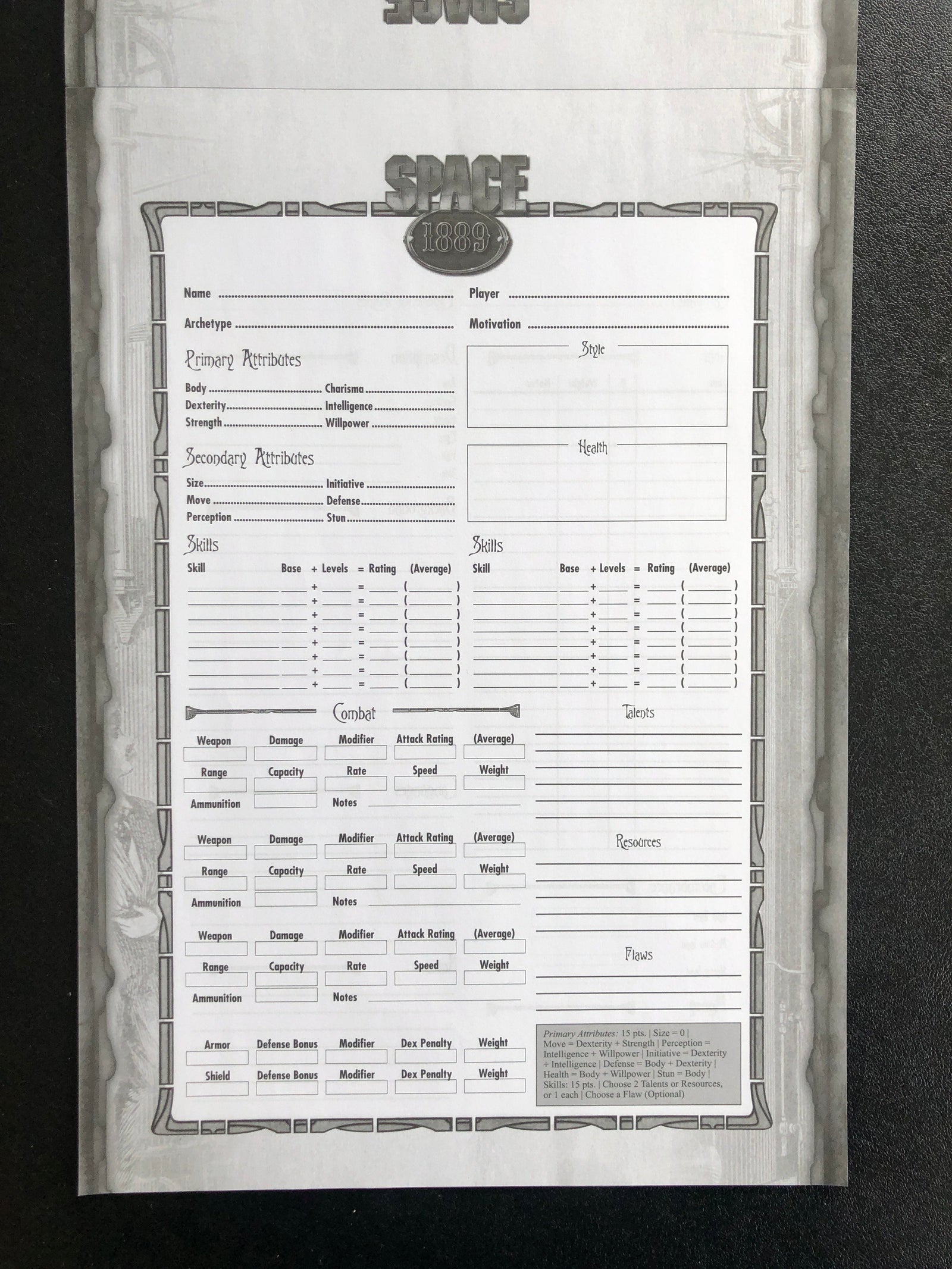 Space 1889 Character Sheets