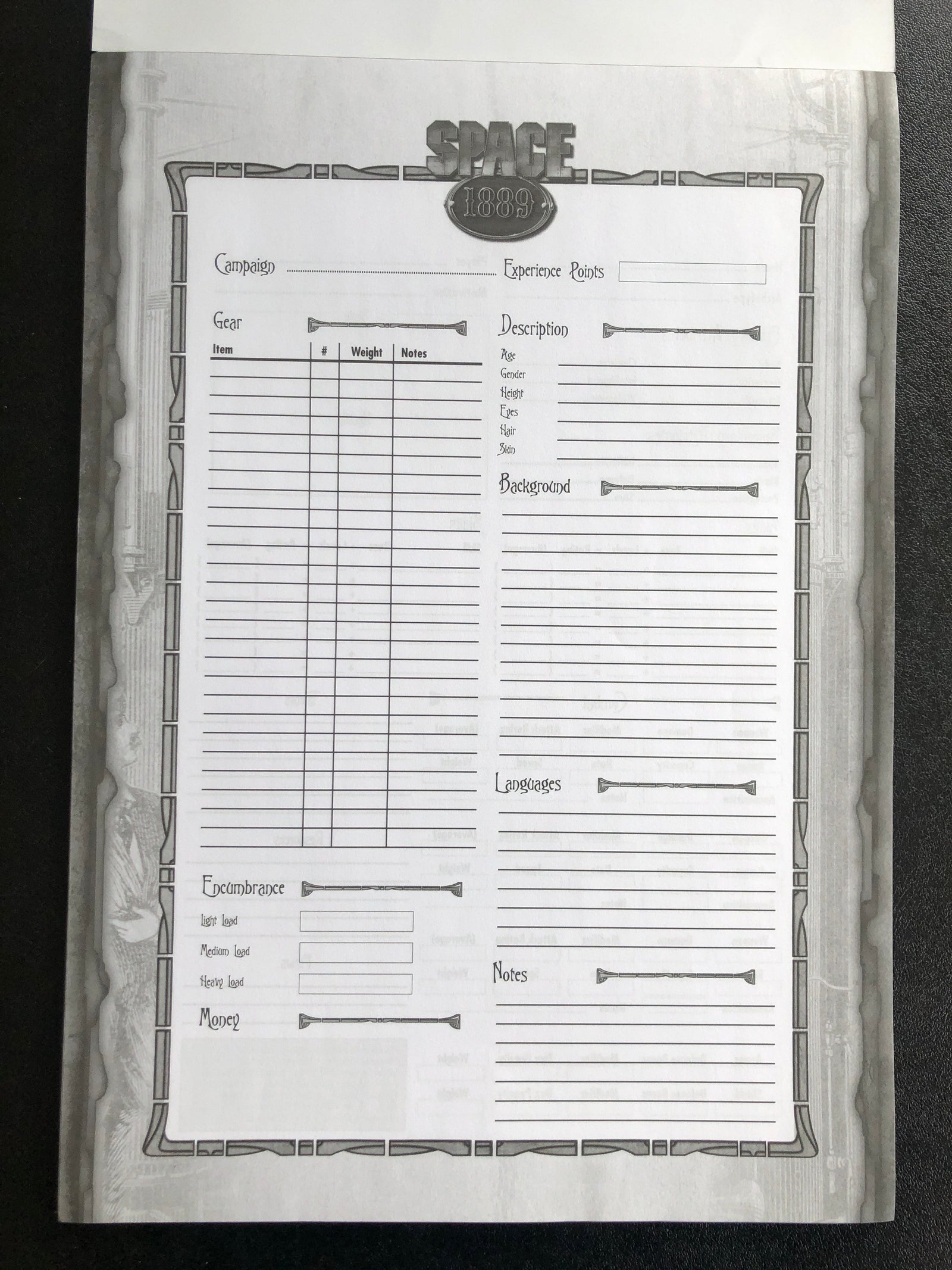 Space 1889 Character Sheets